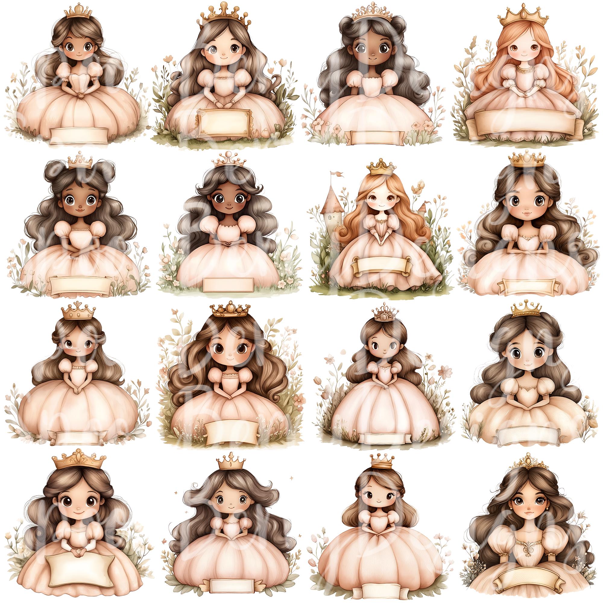 Princess Clipart, Set of 124 PNG Bundle, Watercolor Pink Princess Clip ...