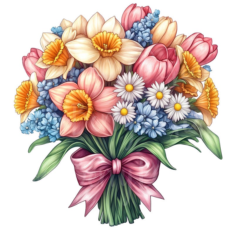 Spring Flower Bouquet Clipart, Set of 15 PNG Bundle, 300 DPI Clip Art ...