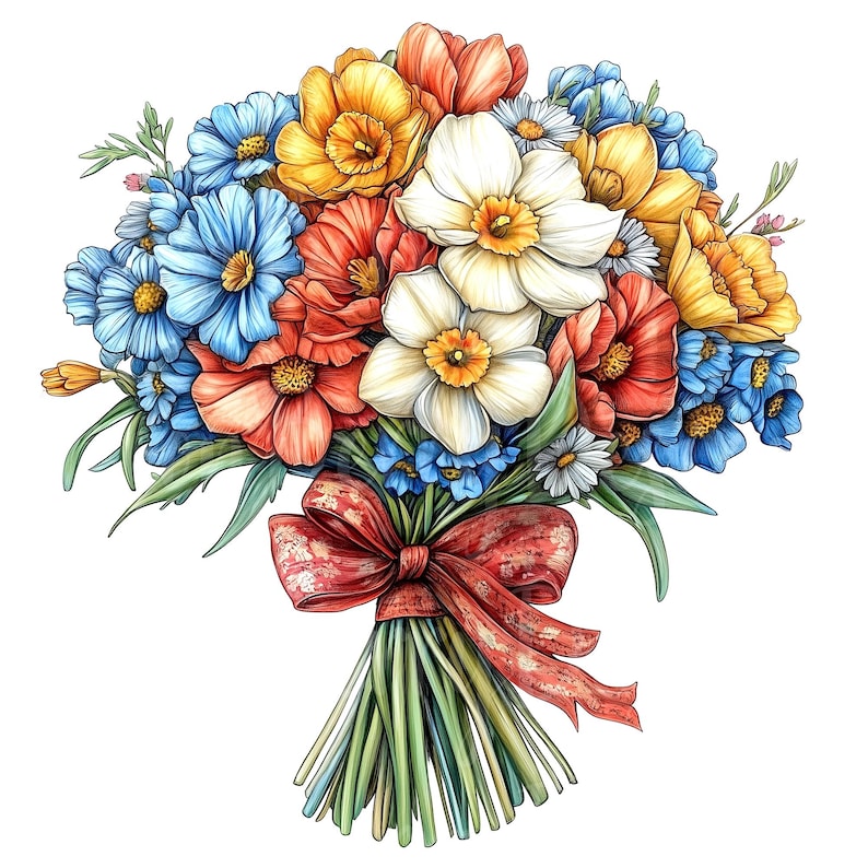 Spring Flower Bouquet Clipart, Set of 15 PNG Bundle, 300 DPI Clip Art ...