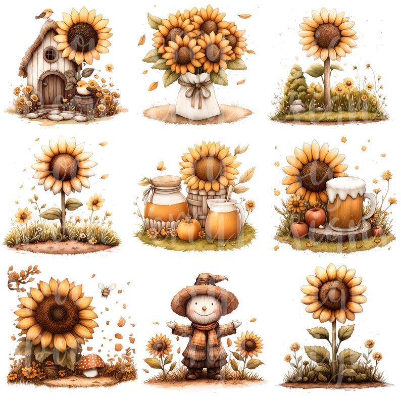 Sunflowers Clipart, Set of 50 PNG Bundle, 300 DPI Clip Art, Watercolor ...