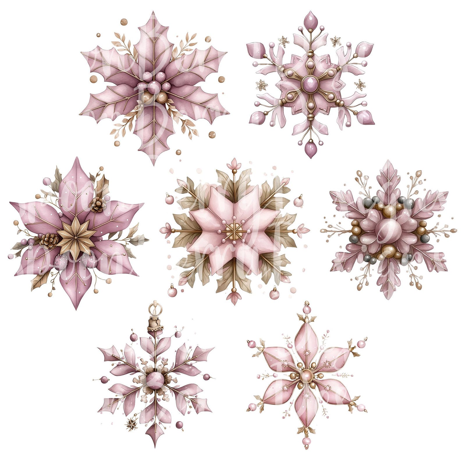 Pink Snowflakes Clipart, Set of 25 PNG Bundle, 300 DPI Clip Art, Winter ...