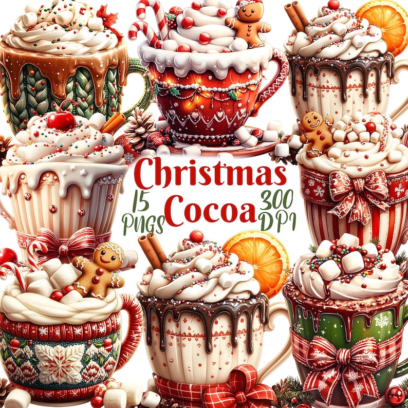 Christmas Cocoa Clipart, Set of 15 PNG Bundle, 300 DPI Clip Art, Winter Holiday Watercolor ...