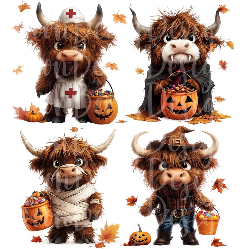 Highland Cow Costumes Clip Art, Set of 10 PNG Bundle, 300 DPI Clipart ...