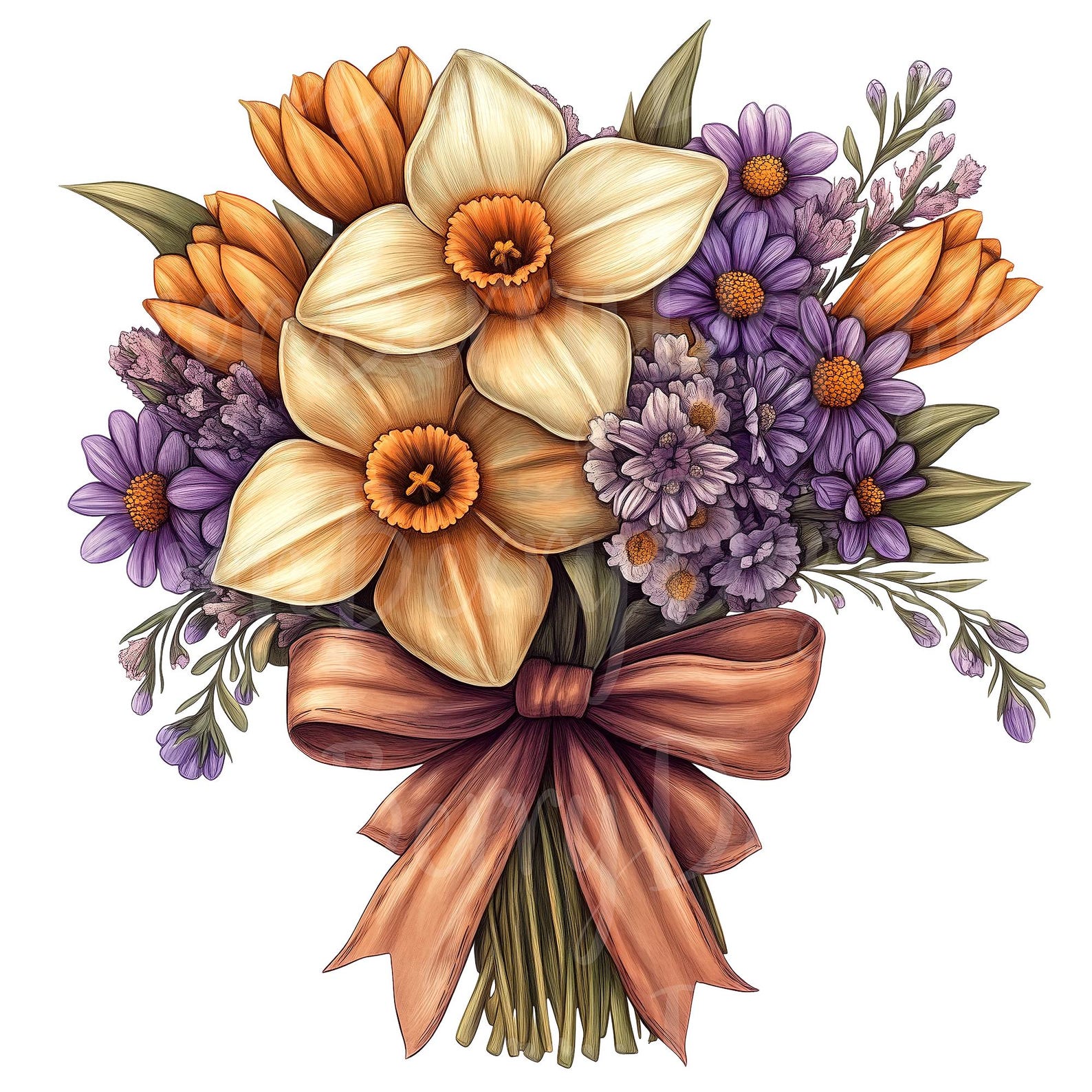 Spring Flower Bouquet Clipart, Set of 15 PNG Bundle, 300 DPI Clip Art ...