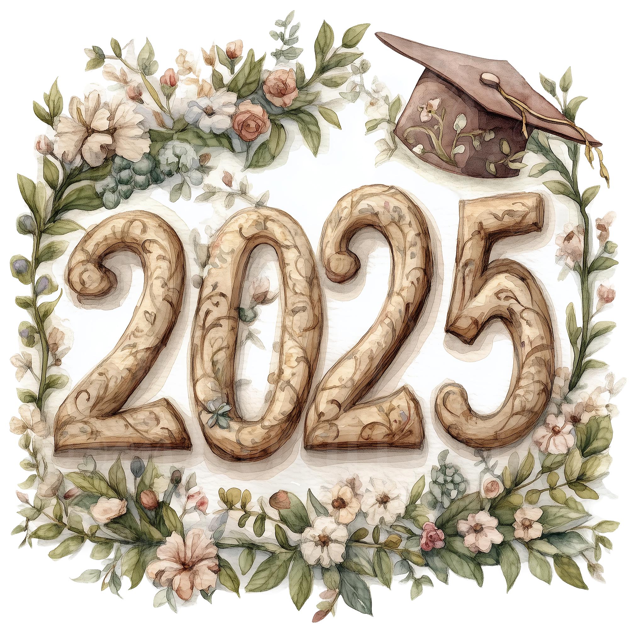 Graduation 2025 Clipart, Set of 10 PNG Bundle, 300 DPI Floral ...