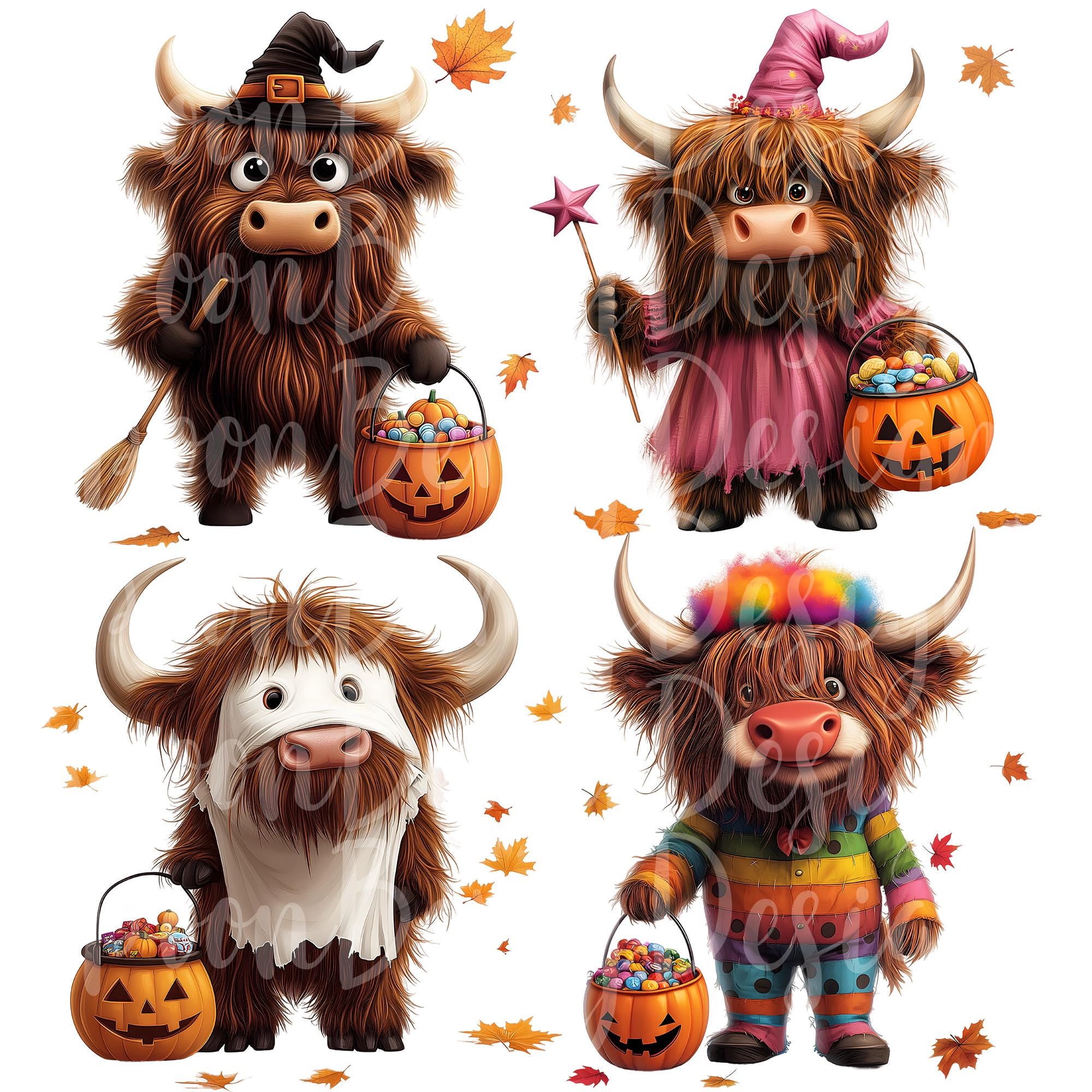 Highland Cow Costumes Clip Art, Set of 10 PNG Bundle, 300 DPI Clipart ...