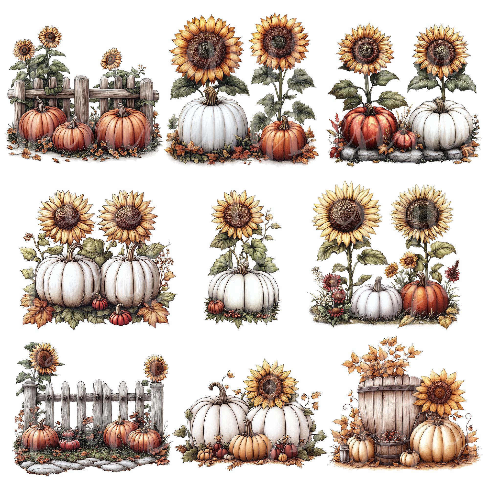 Pumpkins and Sunflowers Clipart, Set of 30 PNG Bundle, 300 DPI Clip Art ...