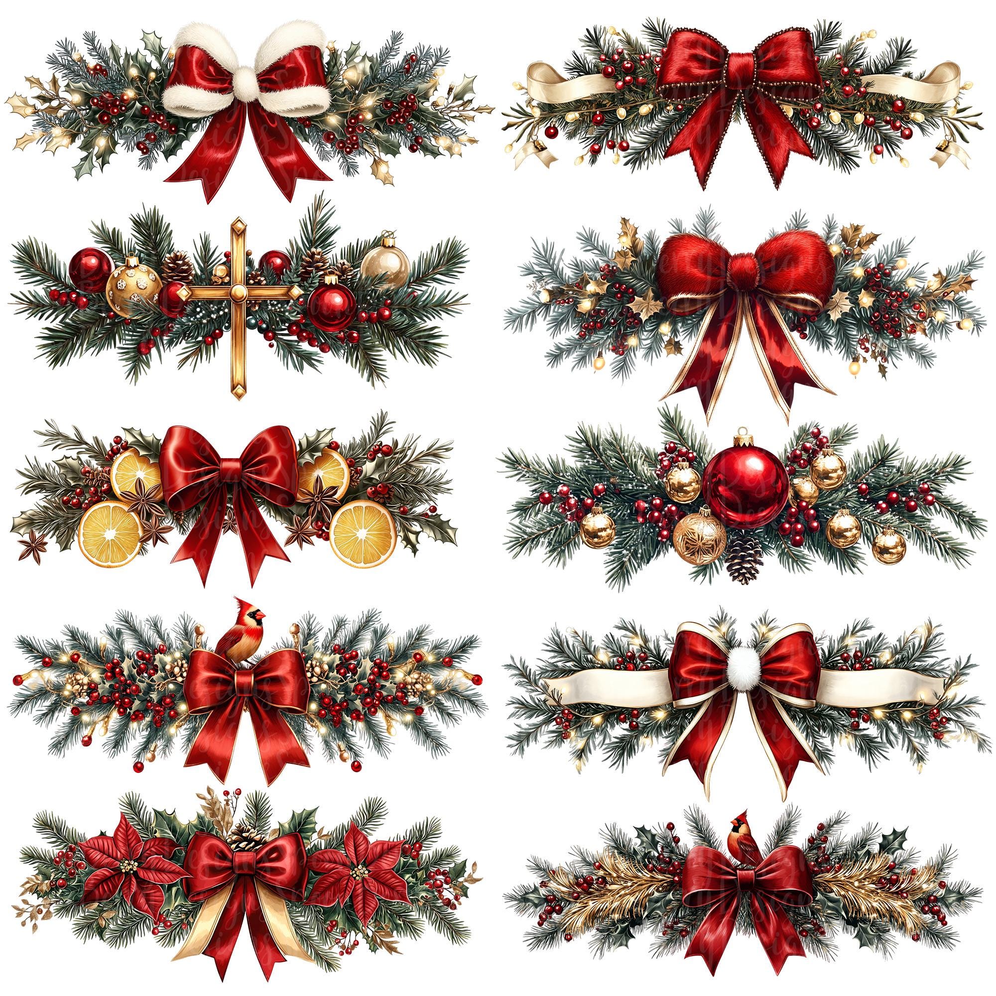 Christmas Garland Borders Clipart, Set of 70 PNG Festive Transparent ...