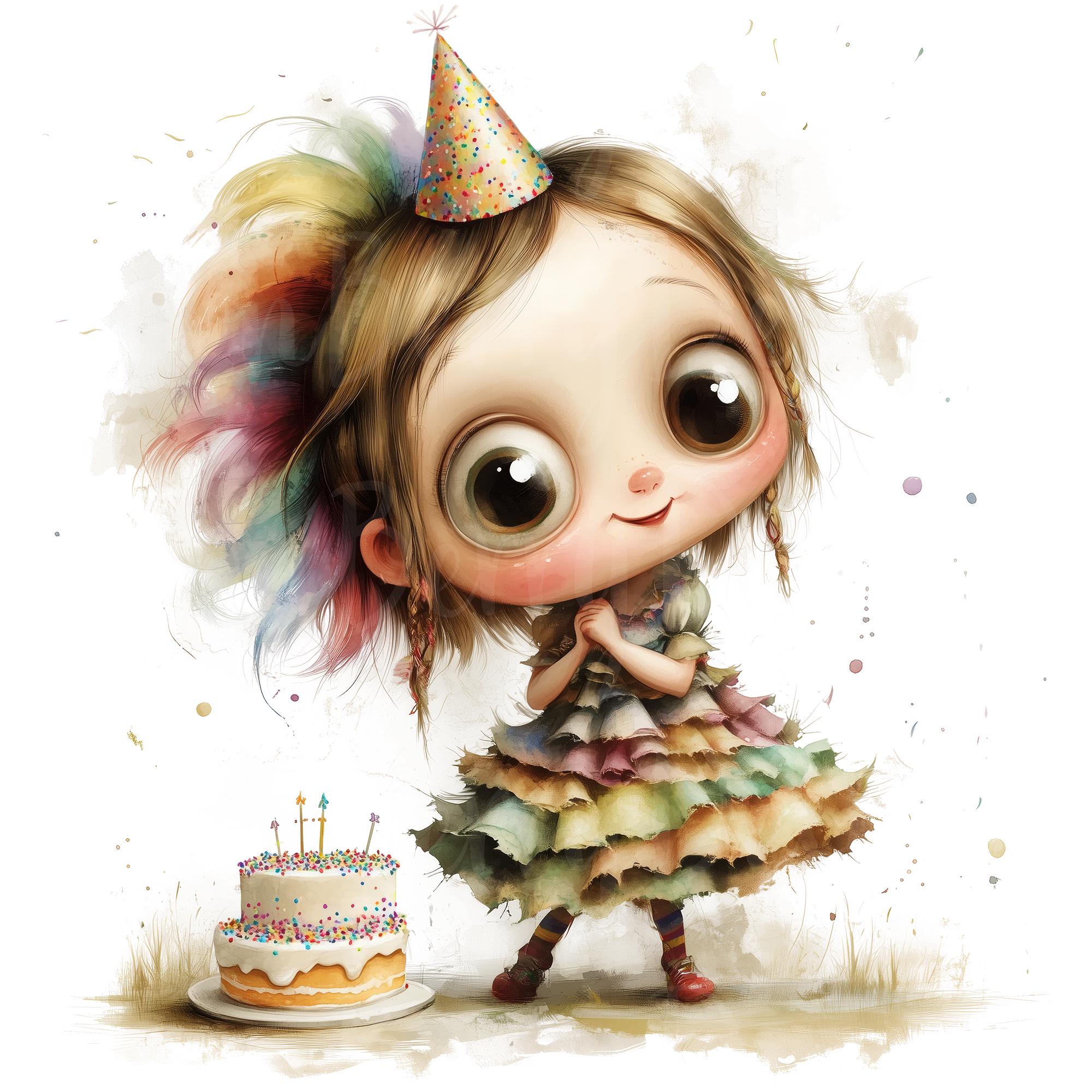Whimsical Birthday Girl Clipart, Watercolor Rainbow Cake, 18 PNG Bundle ...
