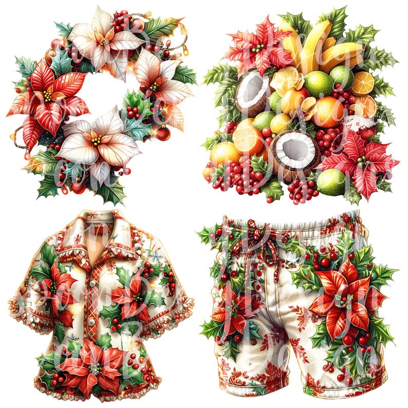 Tropical Christmas Clipart, Set of 21 PNG Bundle 300 DPI Clip Art ...