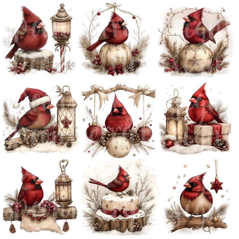 Cardinal Clipart, Set of 34 PNG Bundle, 300 DPI Clip Art, Christmas ...