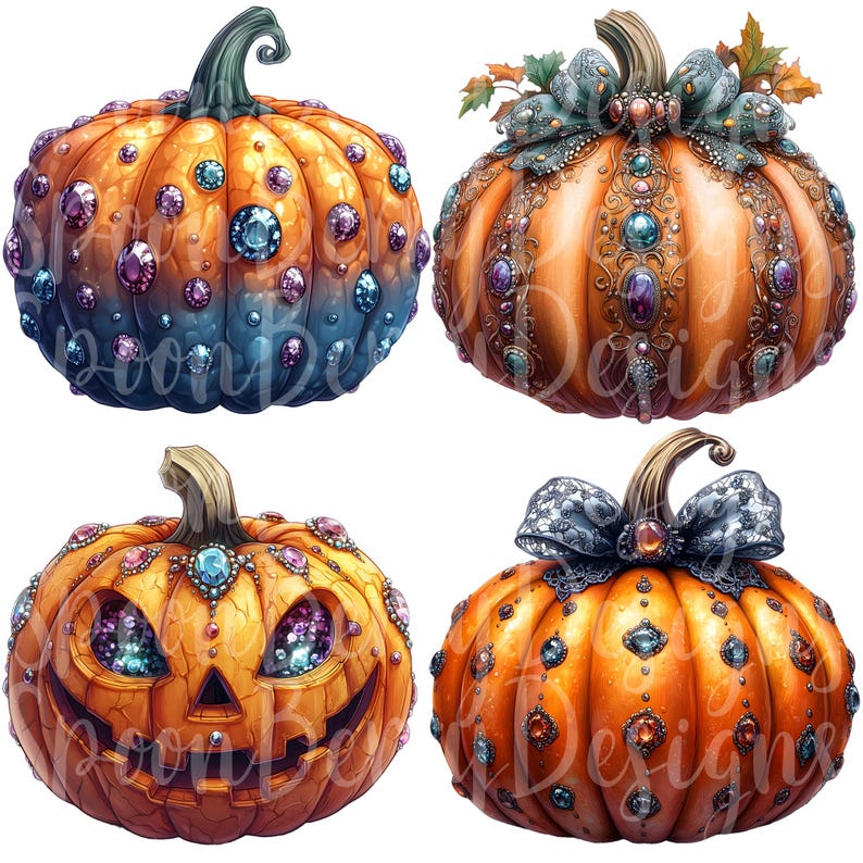 Jeweled Pumpkin Clipart, Set of 16 PNG Bundle, 300 DPI Clip Art, Fall ...