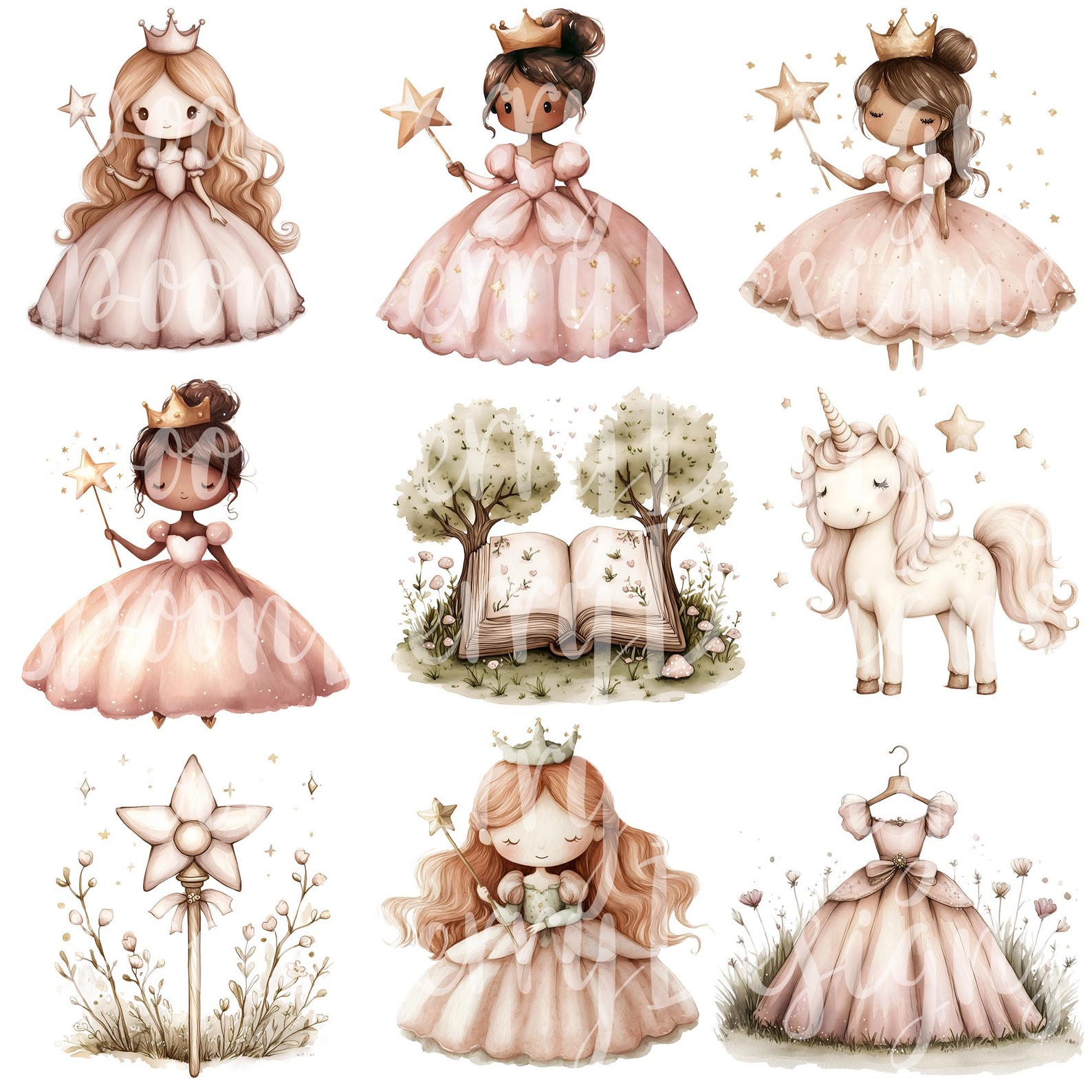 Pink Princess Clipart, Set of 42 PNG Bundle, 300 DPI Clip Art ...