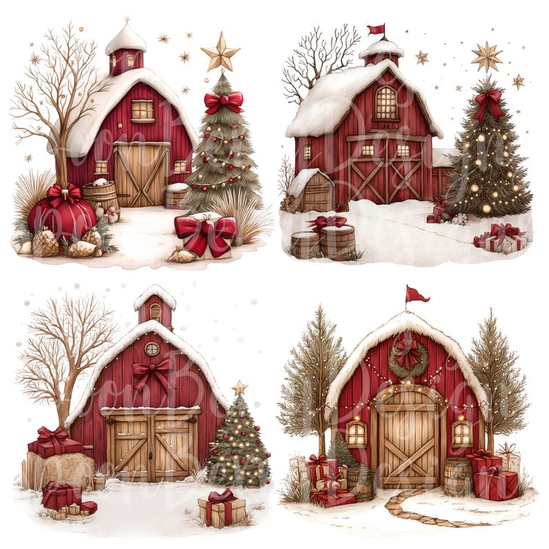 Christmas Red Barn Clipart, Set of 20 PNG Bundle, 300 DPI Clip Art ...