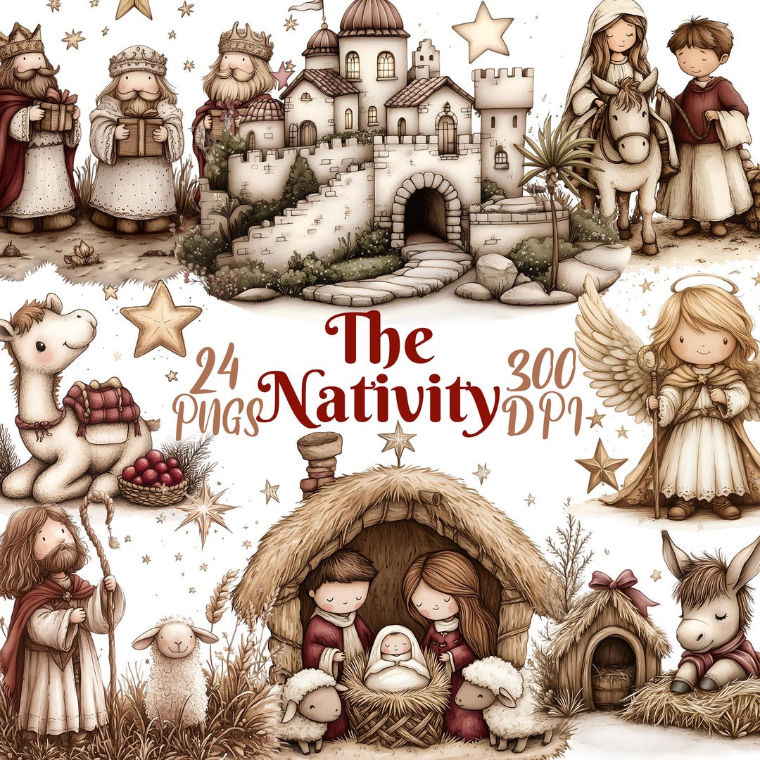 Nativity Clipart, Set of 24 PNG Bundle, 300 DPI Clip Art, Watercolor ...