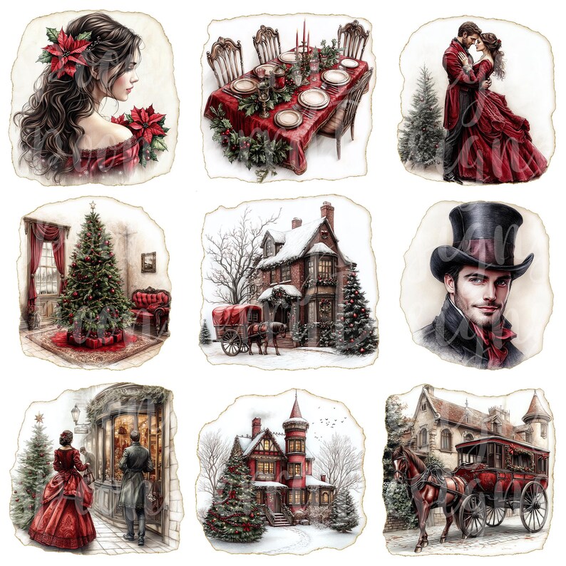 Victorian Christmas Clipart, Set of 36 PNG Bundle, 300 DPI Clip Art ...