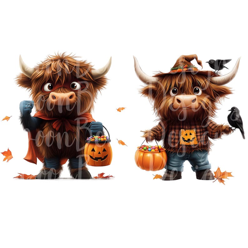 Highland Cow Costumes Clip Art, Set of 10 PNG Bundle, 300 DPI Clipart ...