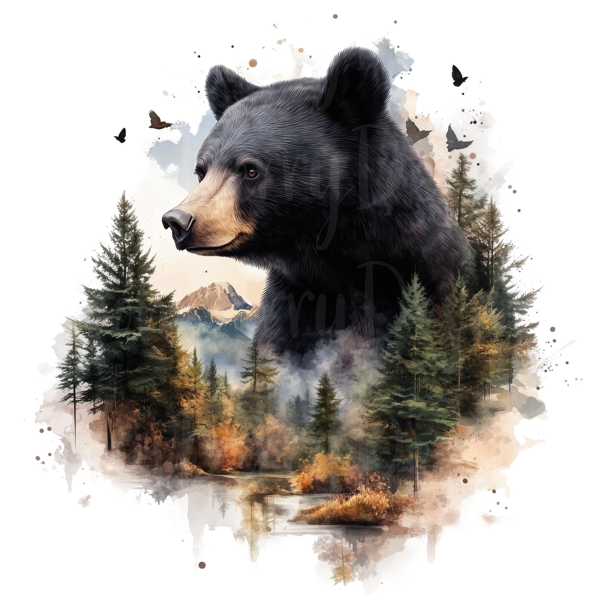 Black Bear Clipart, Set of 23 PNG Watercolor Clip Art Bundle, Pine Tree ...