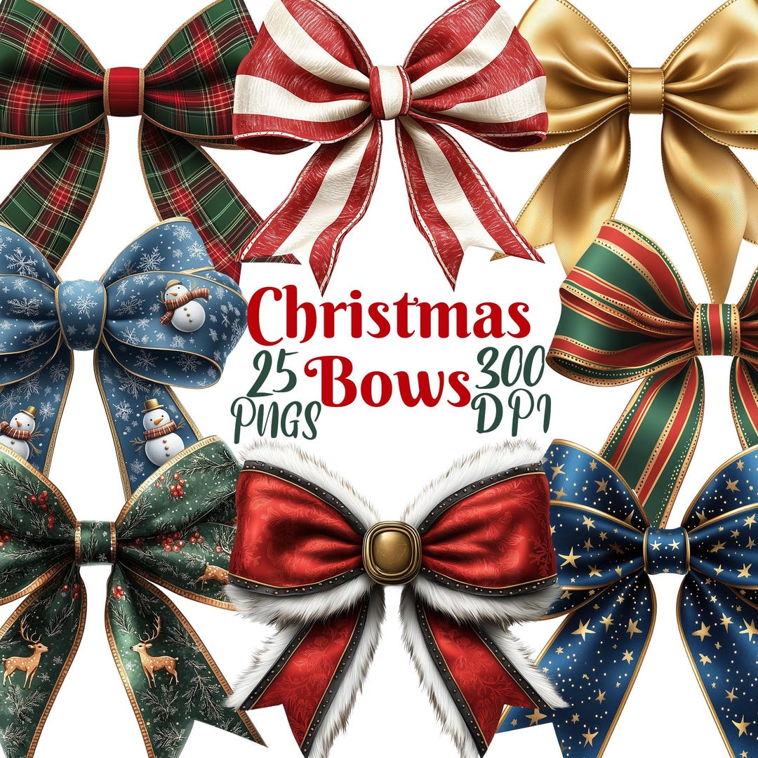 Christmas Bows Clipart, Set of 25 PNG Bundle, 300 DPI Clip Art, Winter ...