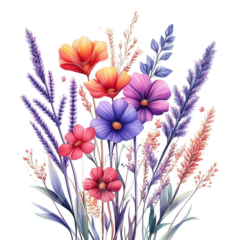 Flowers Clipart, Set of 10 PNG Bundle, 300 DPI Clip Art, Green Purple ...