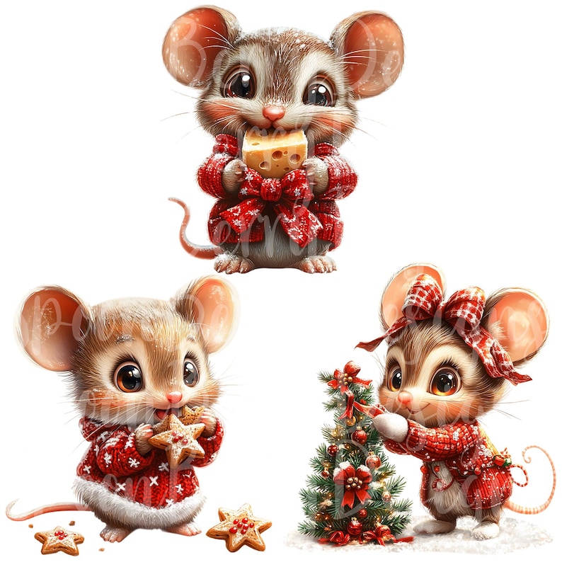 Christmas Mice Clipart, Set of 15 PNG Bundle, 300 DPI Clip Art ...