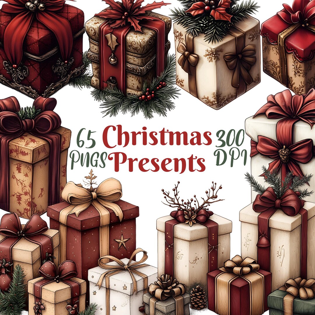 Christmas Presents Clip Art, Set of 65 PNG Bundle, 300 DPI Clipart ...