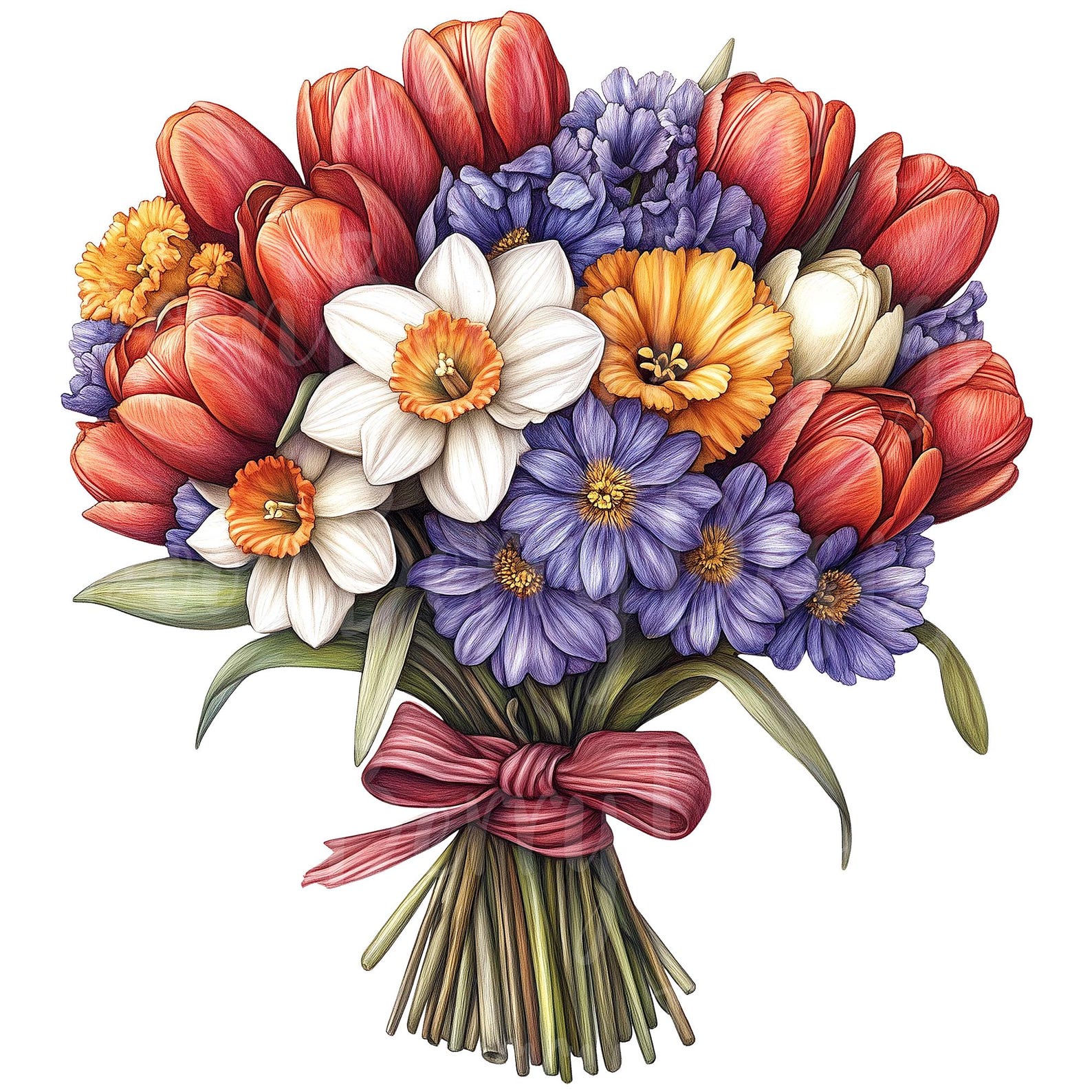 Spring Flower Bouquet Clipart, Set of 15 PNG Bundle, 300 DPI Clip Art ...