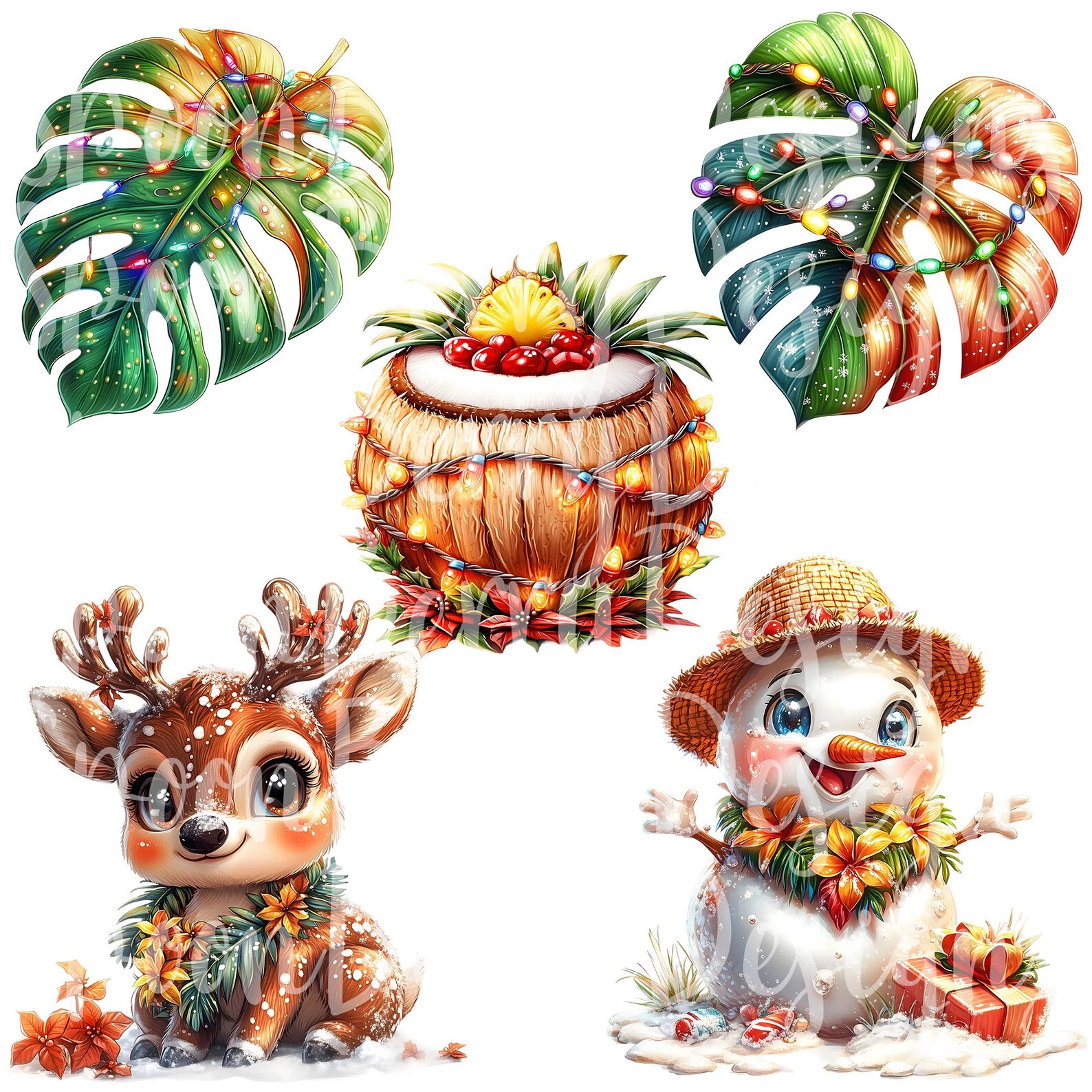 Tropical Christmas Clipart, Set of 21 PNG Bundle 300 DPI Clip Art ...