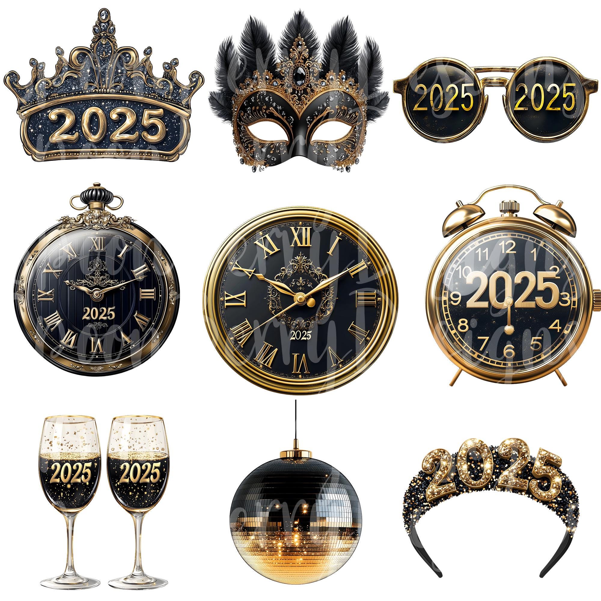 Neujahr 2025 Clipart, 30er-Set PNG-Bundle, 300 DPI Clip Art, digitale ...