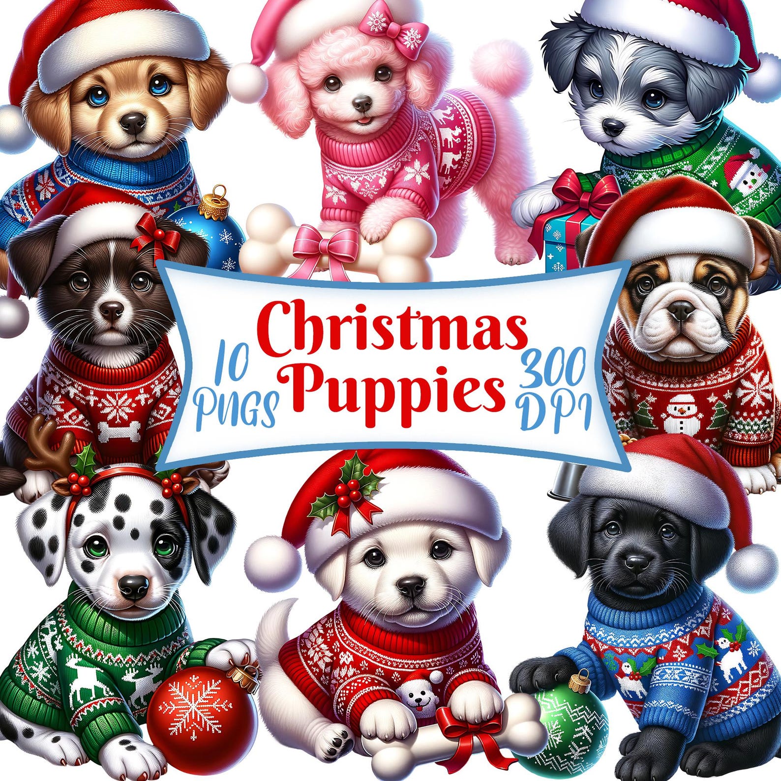 Christmas Puppies Clipart, Set of 10 PNG Bundle, 300 DPI Clip Art ...