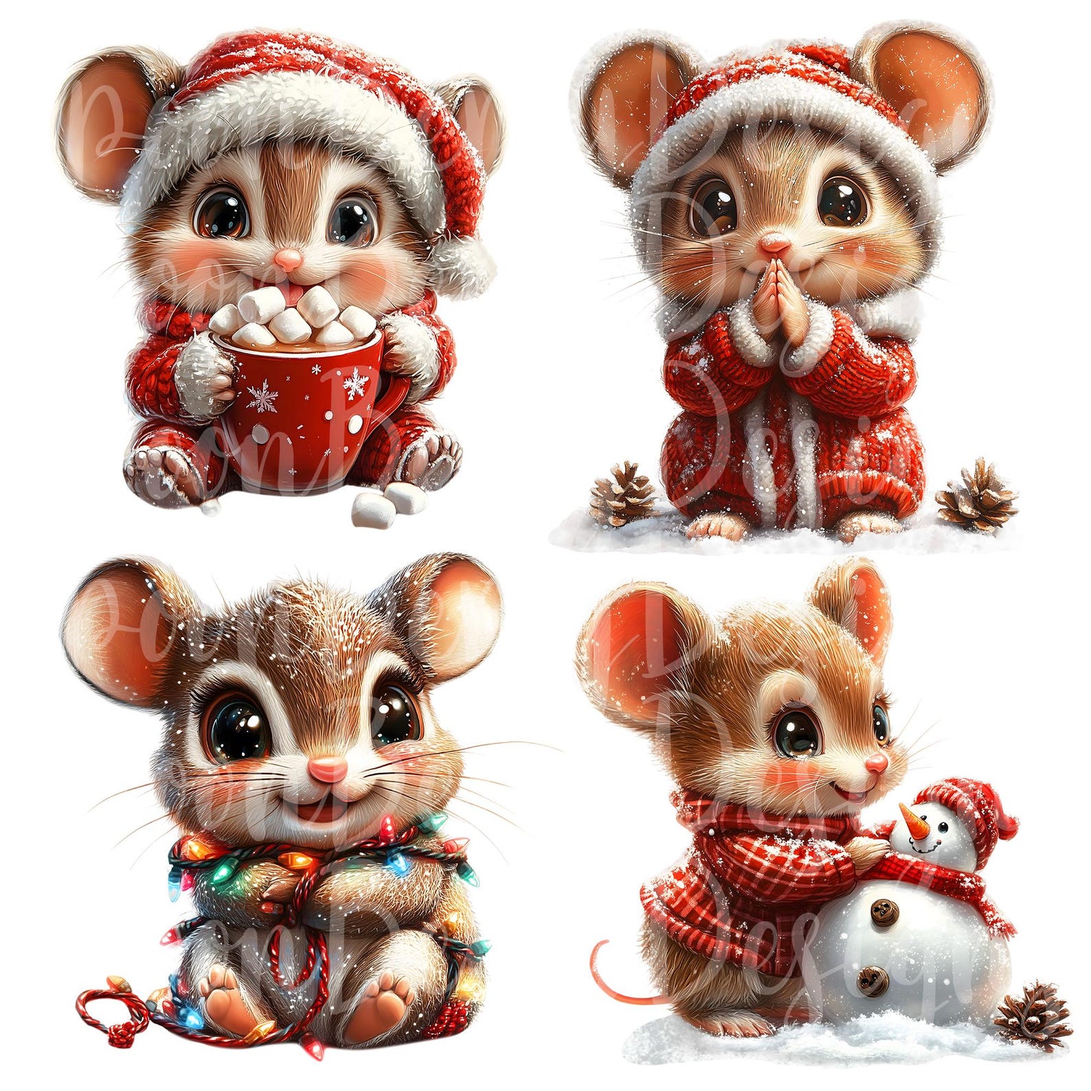Christmas Mice Clipart, Set of 15 PNG Bundle, 300 DPI Clip Art ...