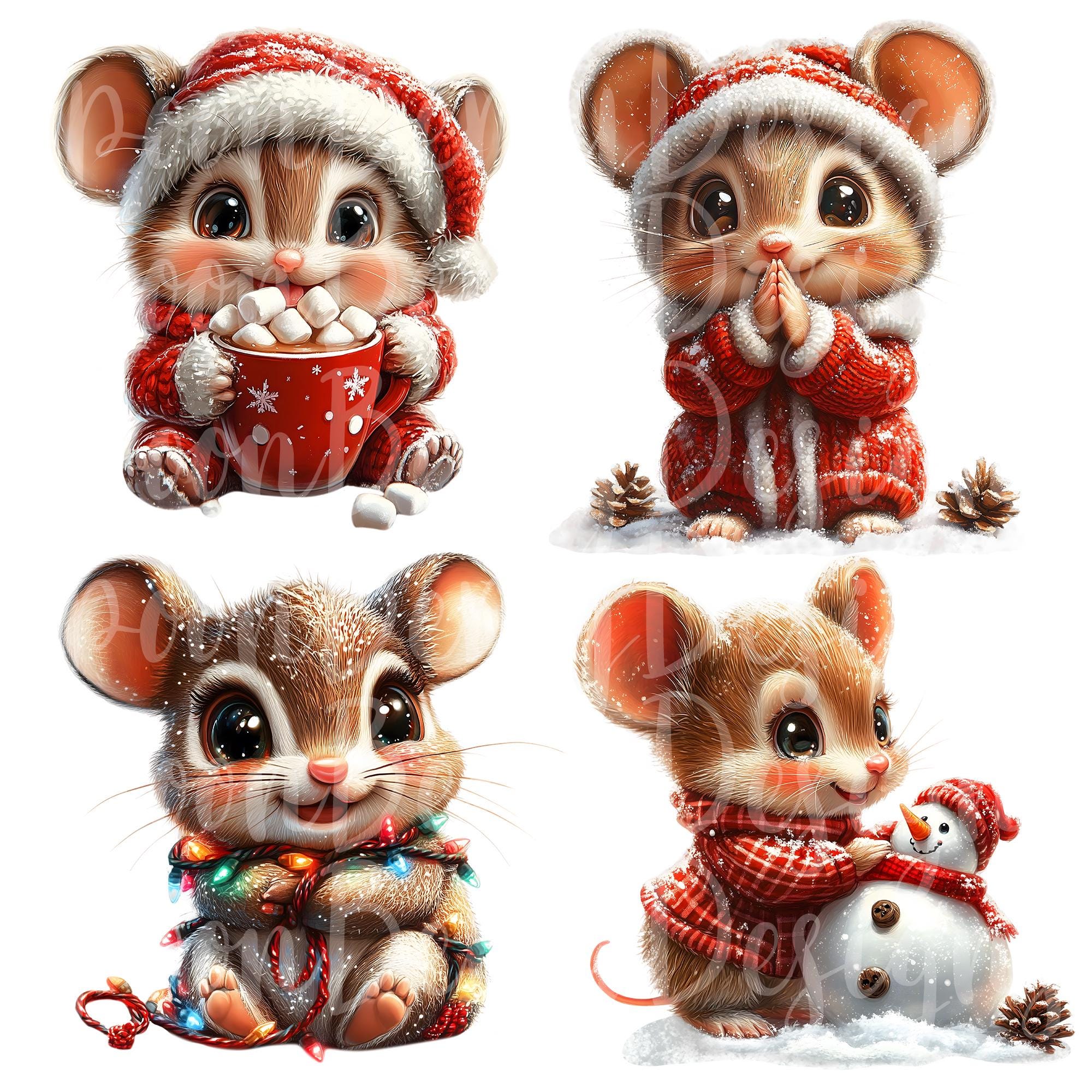 Christmas Mice Clipart, Set of 15 PNG Bundle, 300 DPI Clip Art ...