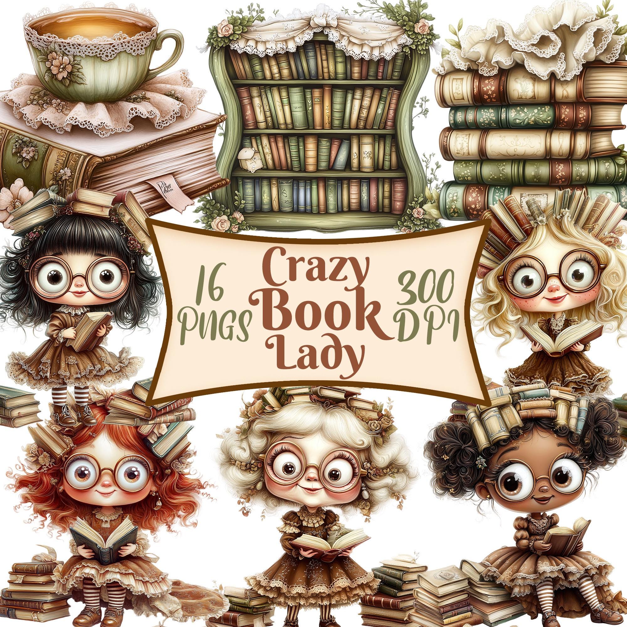 Crazy Book Lady Clipart, Set of 16 PNG Bundle, 300 DPI Clip Art ...