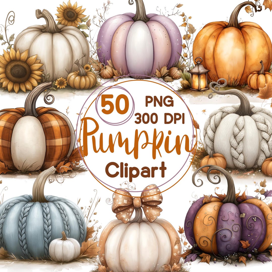 Pumpkin Clip Art, Set of 50 PNG Bundle, 300 DPI Clipart, Fall Harvest ...