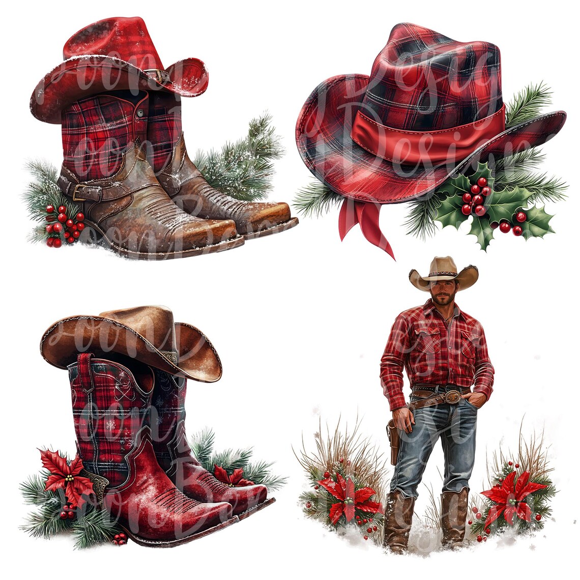 Christmas Cowboy Clipart, Set of 21 PNG Bundle, 300 DPI Clip Art ...