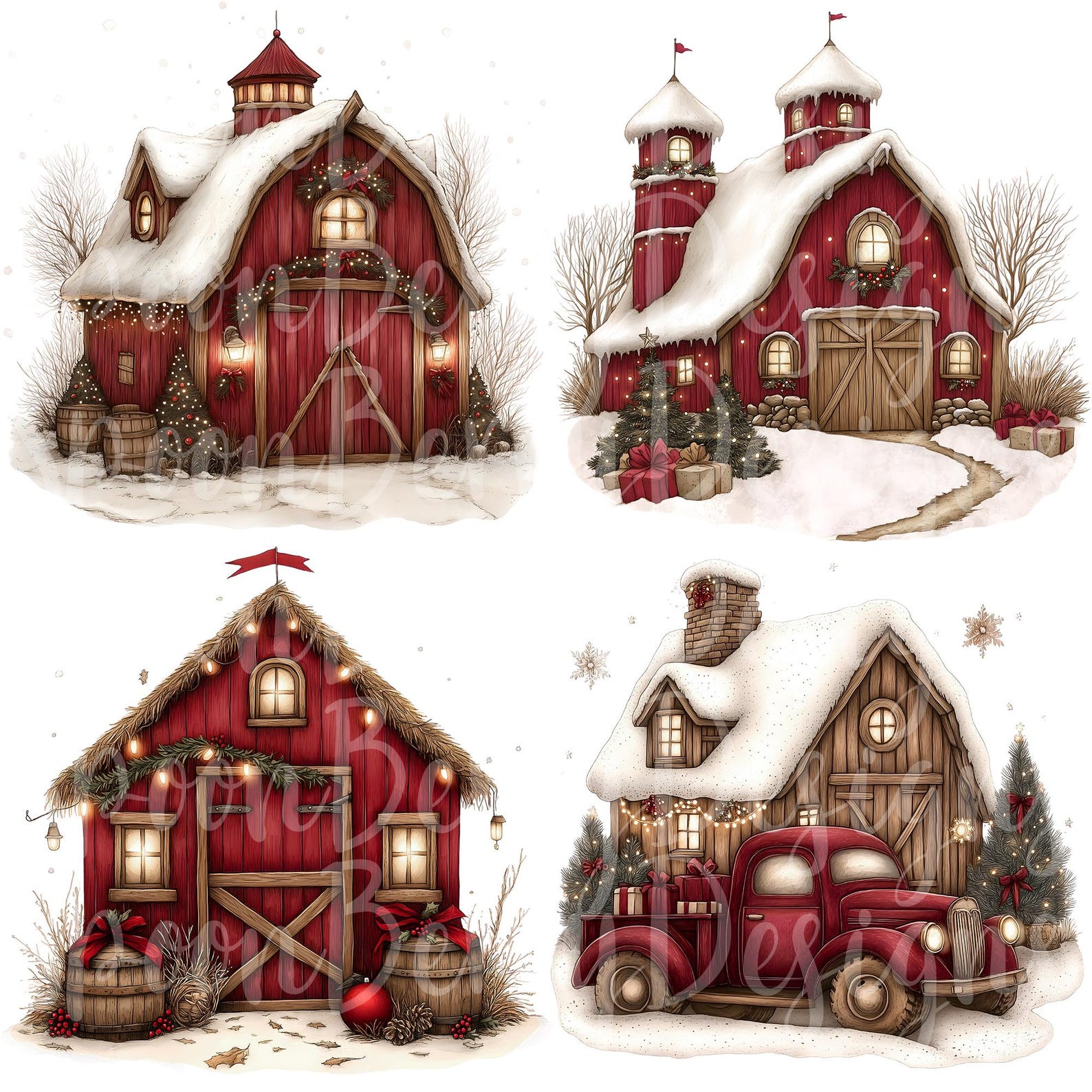 Christmas Red Barn Clipart, Set of 20 PNG Bundle, 300 DPI Clip Art ...