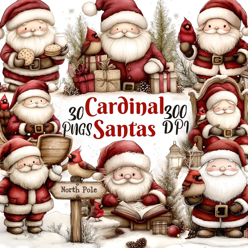 Santa Cardinal Clipart, Set of 30 PNG Bundle, 300 DPI Clip Art ...