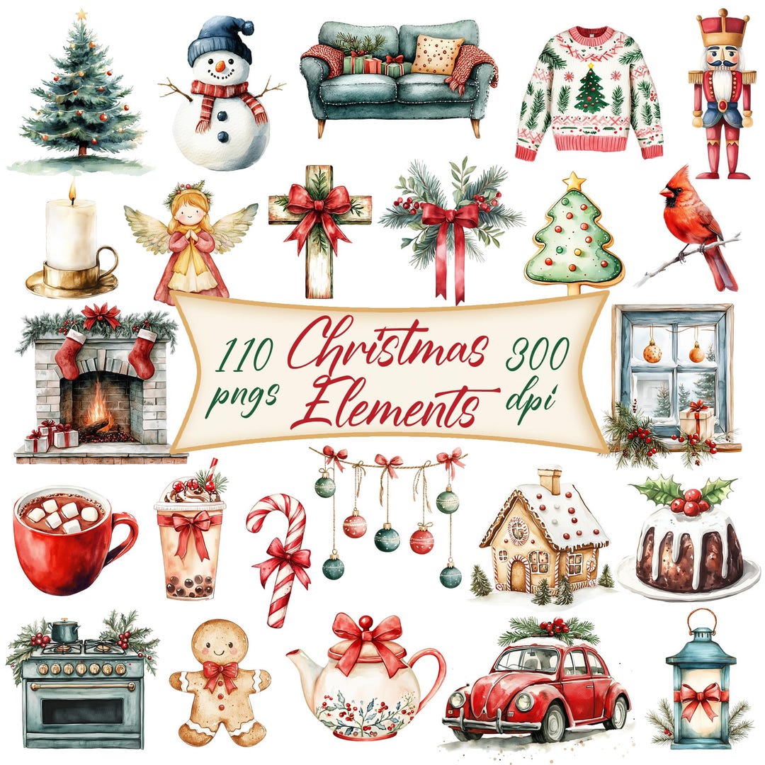 Christmas Elements Clipart, Set of 110 Transparent PNG Watercolor Clip ...