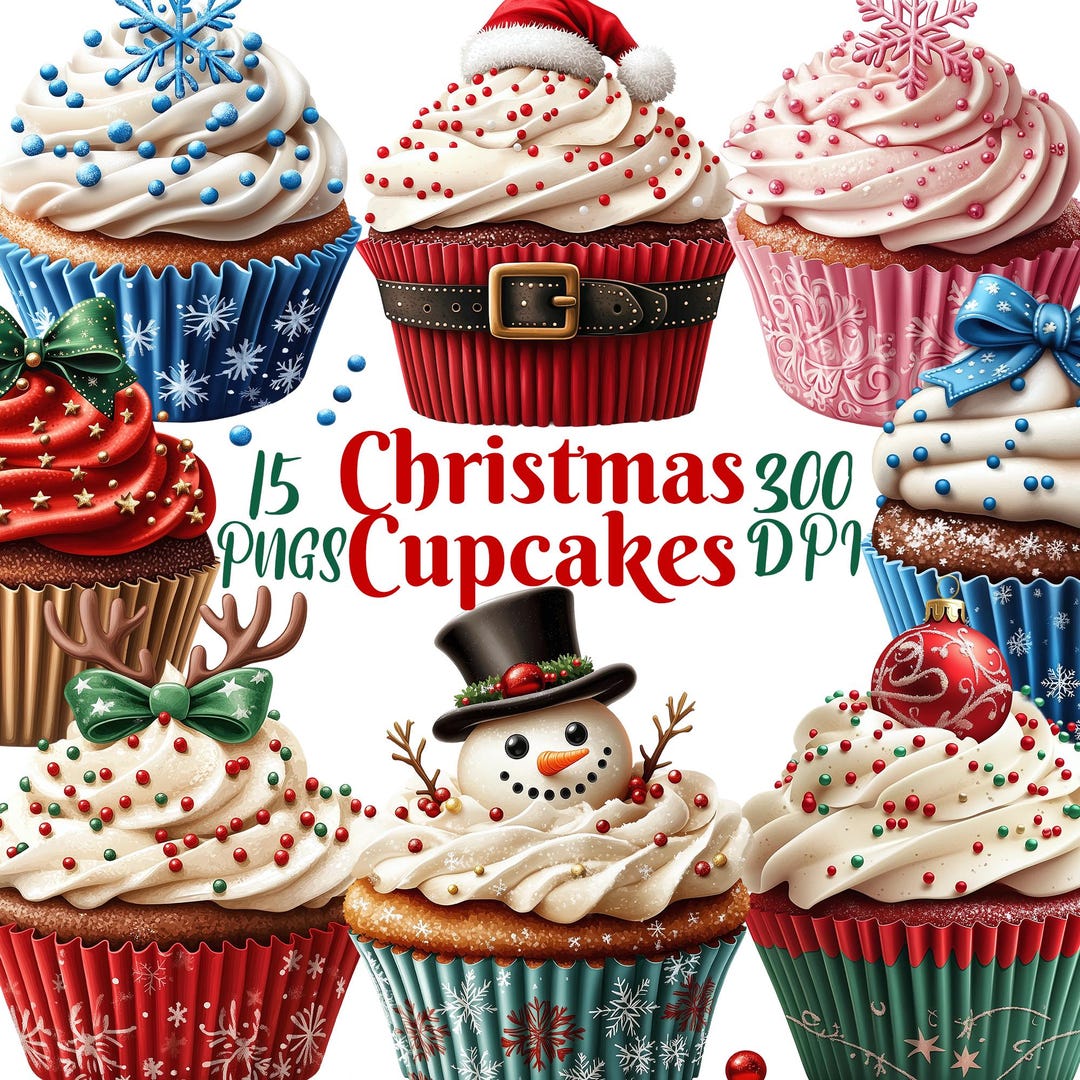 Christmas Cupcakes Clip Art, Set of 15 PNG Bundle, 300 DPI Clipart ...