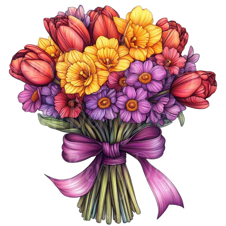 Spring Flower Bouquet Clipart, Set of 15 PNG Bundle, 300 DPI Clip Art ...