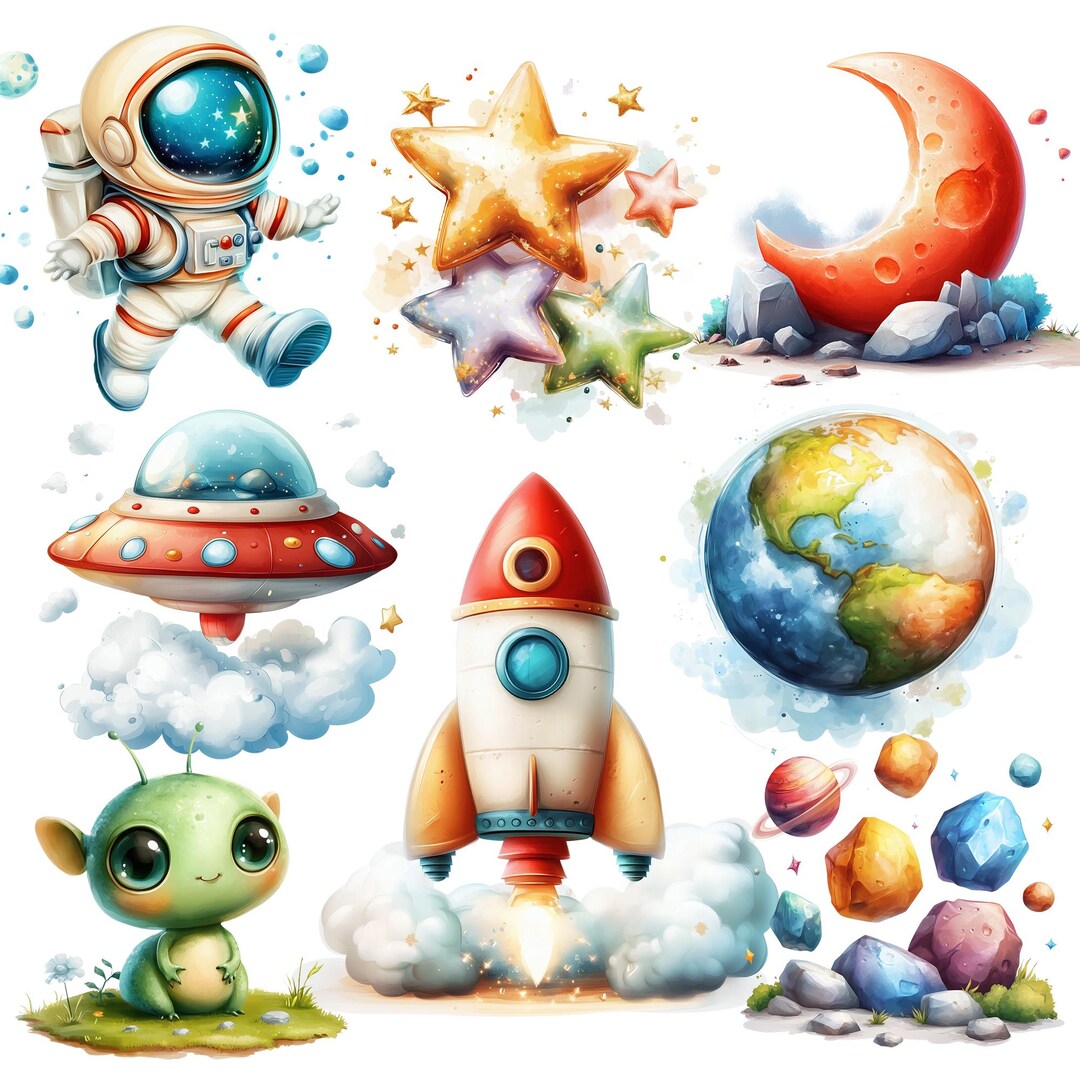 Cute Space Clipart, Set of 27 PNG Bundle, Colorful Watercolor Clip Art ...