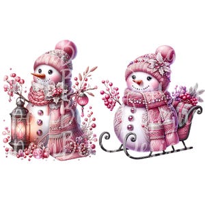 Pink Snowoman Clipart, Set of 10 PNG Bundle, 300 DPI Clip Art, Winter ...