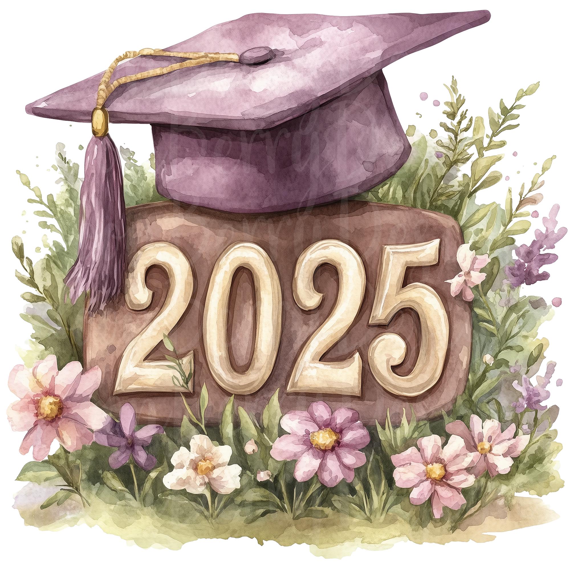 Graduation 2025 Clipart, Set of 10 PNG Bundle, 300 DPI Floral ...