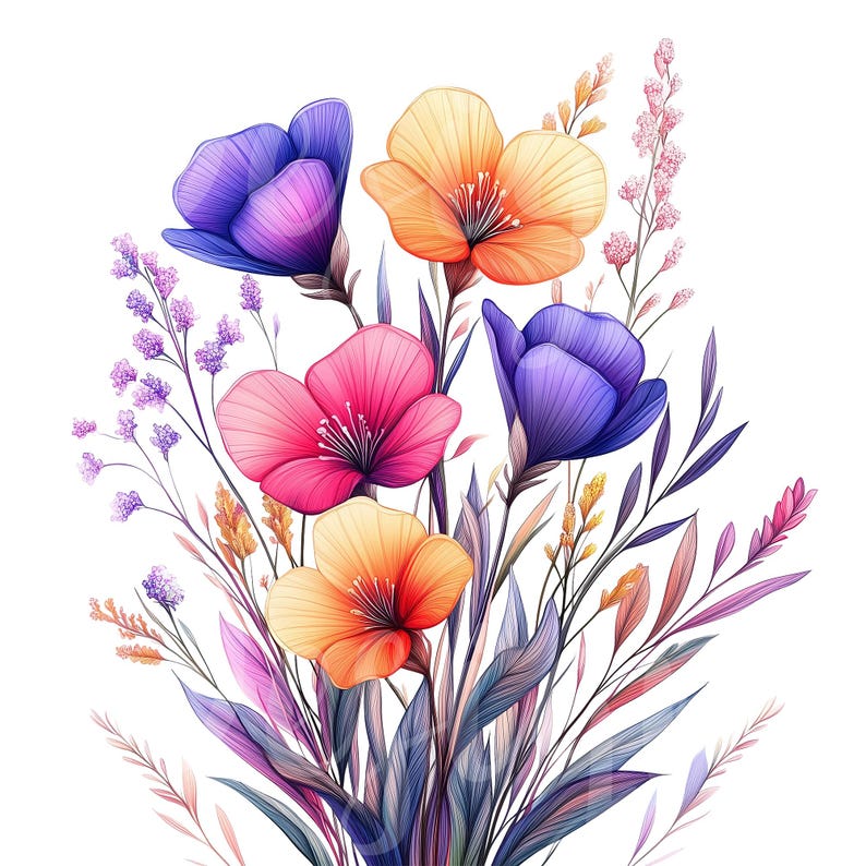 Flowers Clipart, Set of 10 PNG Bundle, 300 DPI Clip Art, Green Purple ...