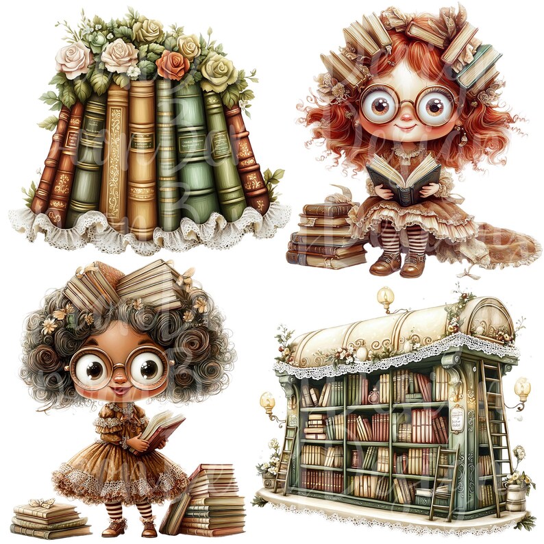 Crazy Book Lady Clipart, Set of 16 PNG Bundle, 300 DPI Clip Art ...