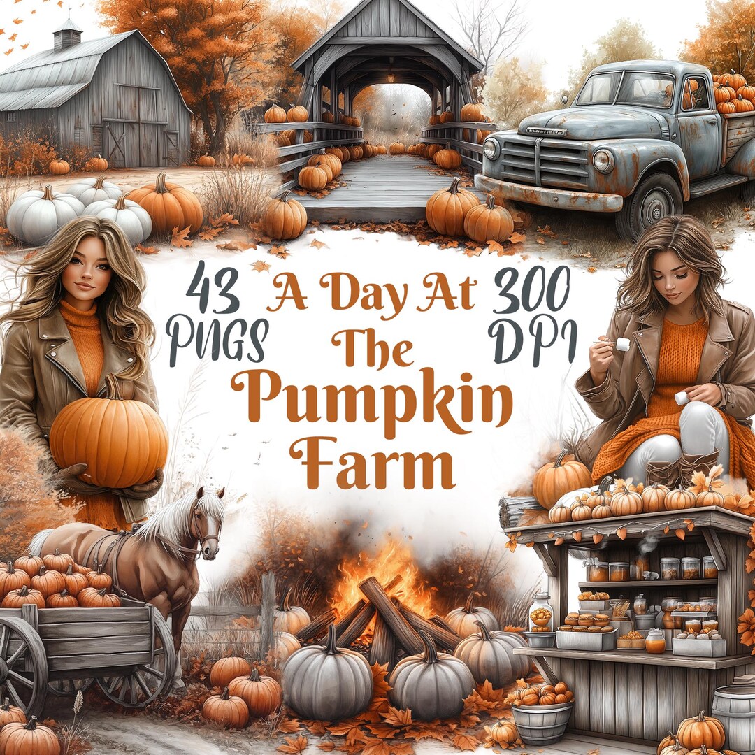 A Day at the Pumpkin Farm Clipart, Set of 43 PNG Bundle, 300 DPI Clip ...