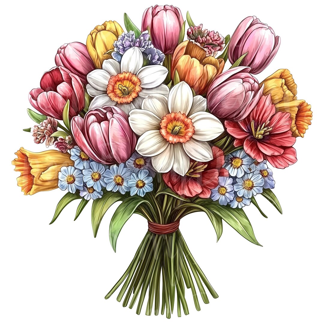 Spring Flower Bouquet Clipart, Set of 13 PNG Bundle, 300 DPI Clip Art ...