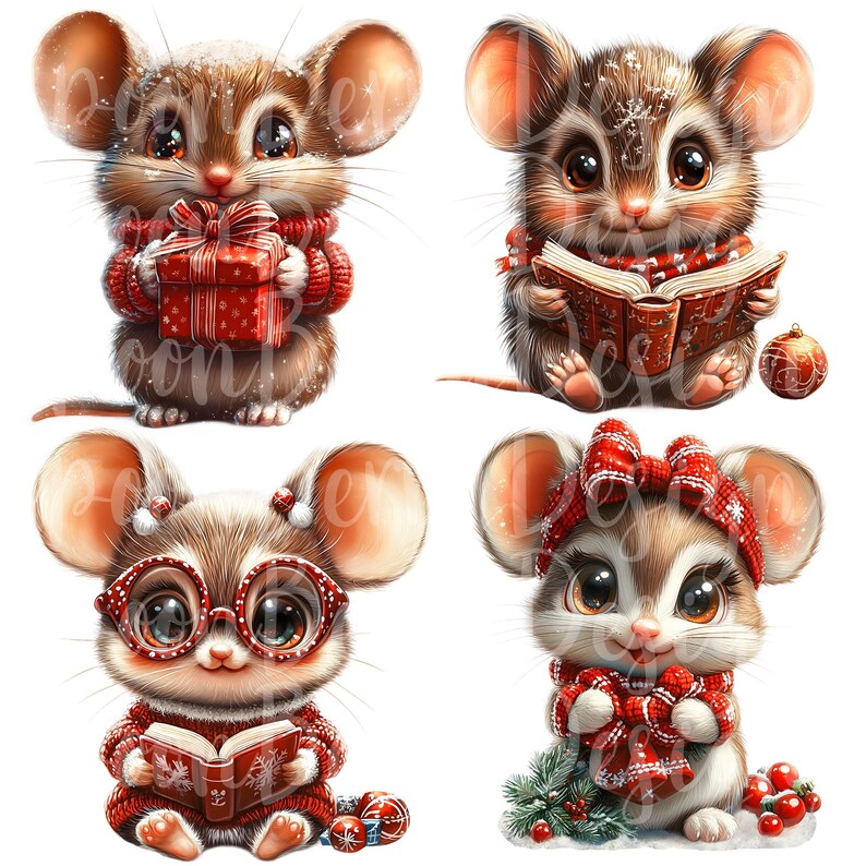 Christmas Mice Clipart, Set of 15 PNG Bundle, 300 DPI Clip Art ...