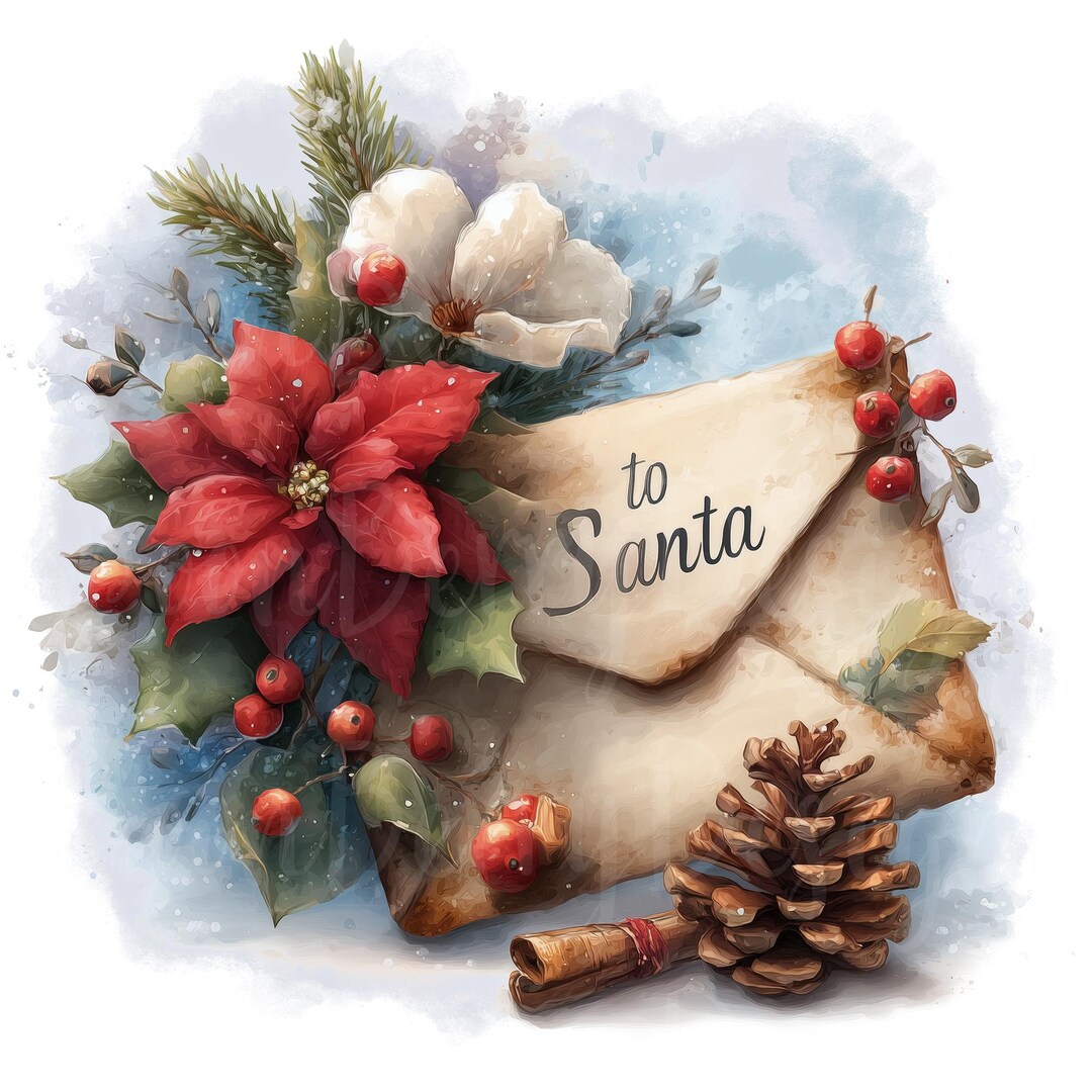 Letters to Santa Clipart, Set of 14 PNG Christmas Watercolor Clip Art ...
