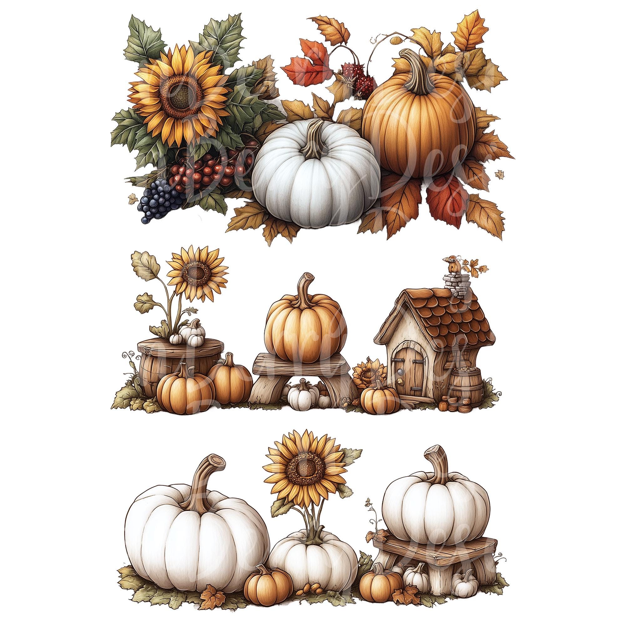Pumpkins and Sunflowers Clipart, Set of 30 PNG Bundle, 300 DPI Clip Art ...